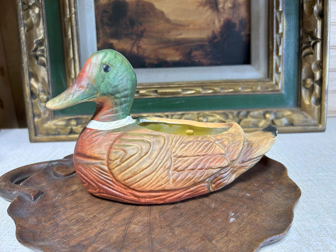 Vintage Parmar Ceramic Mallard Duck Planter, Carved Wood-like Design ...
