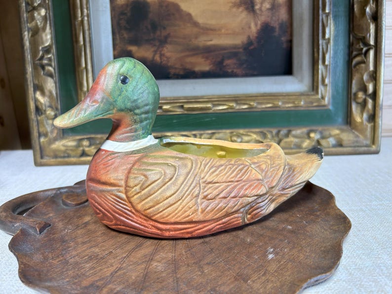 Vintage Parmar Ceramic Mallard Duck Planter, Carved Wood-like Design ...