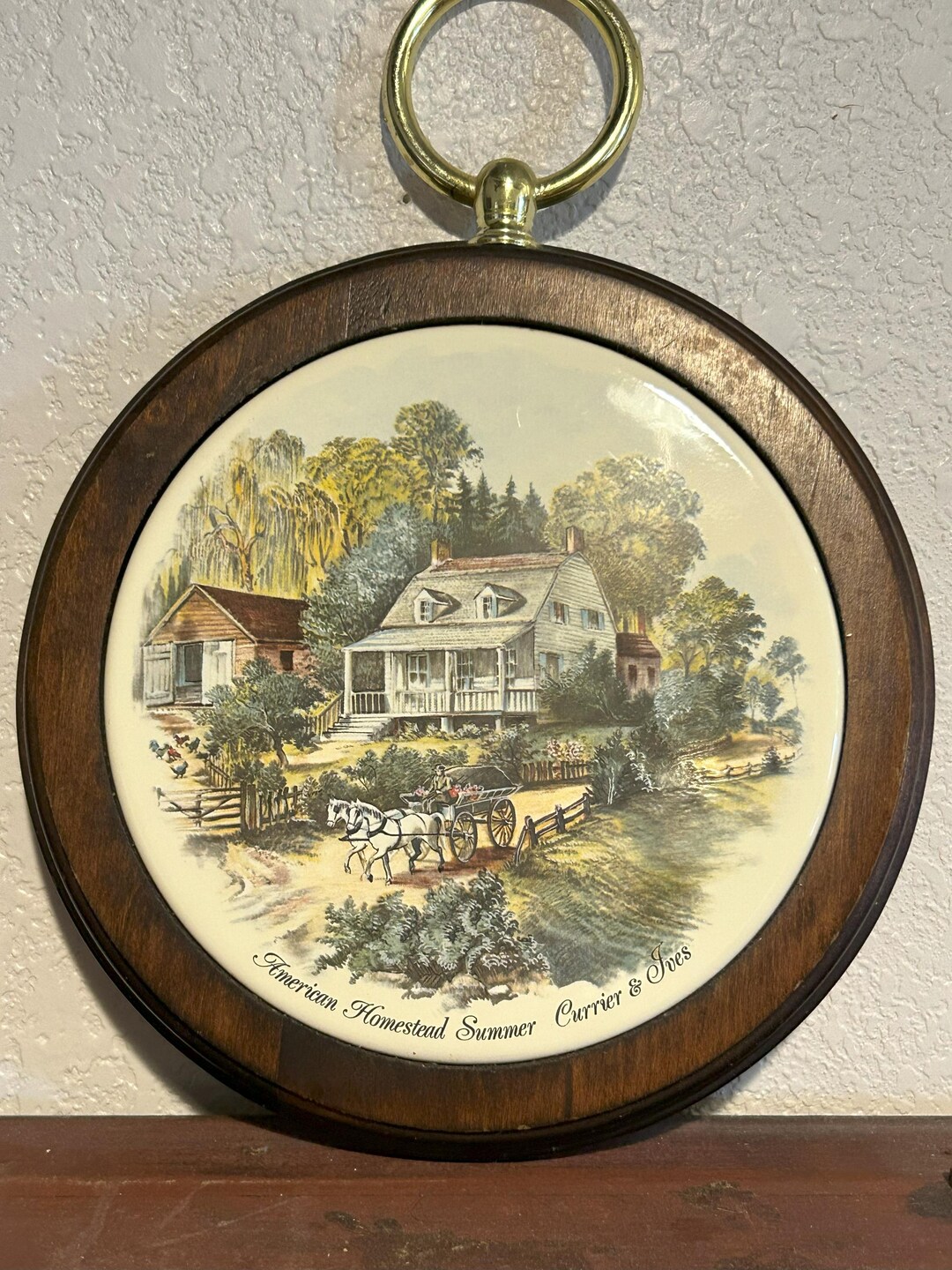 Vintage Round Wood and Ceramic Wall Plaque, Currier & Ives, American ...