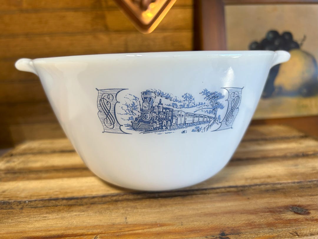 Vintage Currier & Ives White Milk Glass Mixing Bowl With Blue Steamboat ...