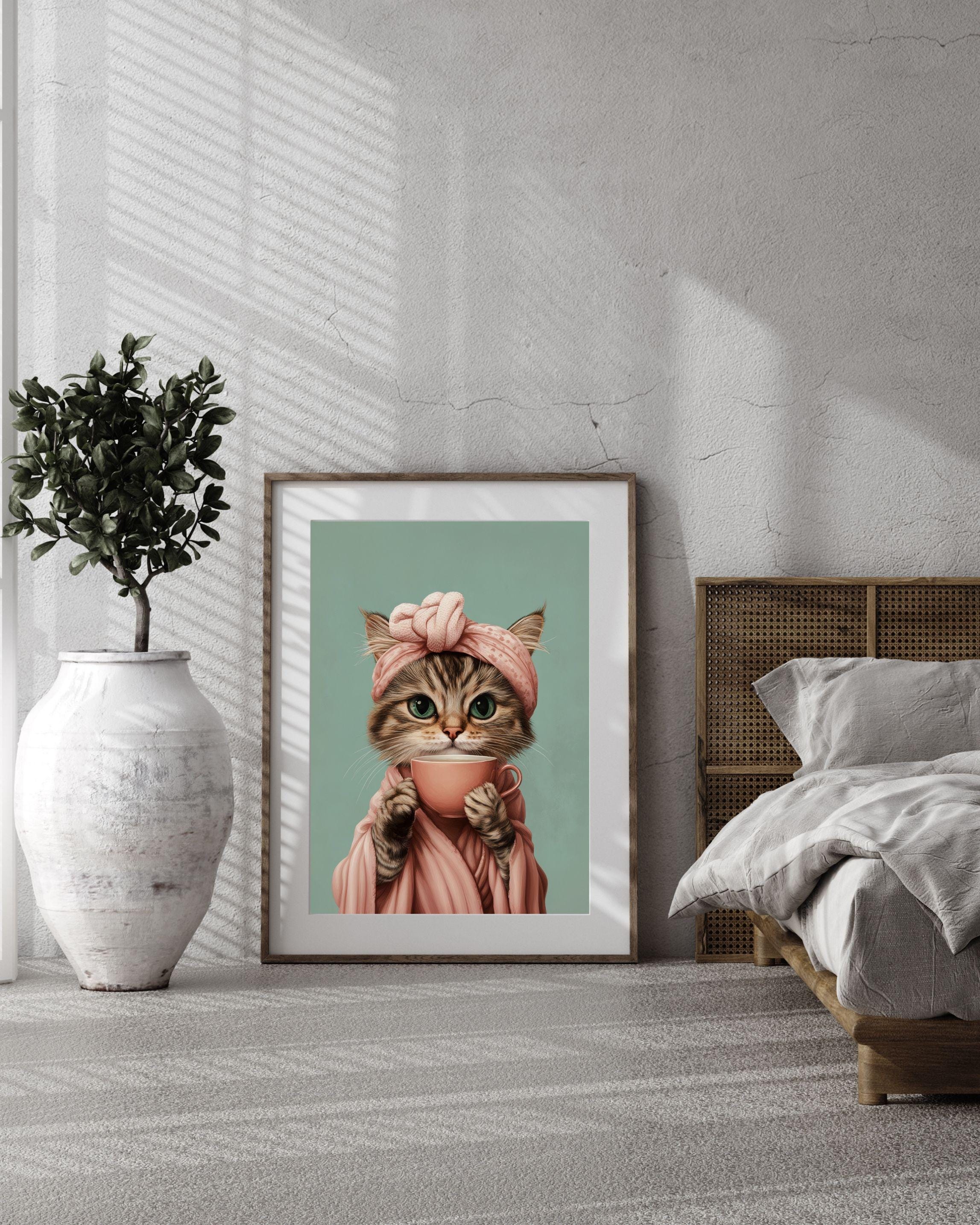 Spa Cat Art Print: Relaxing Kitty With Tea Digital Download - Etsy