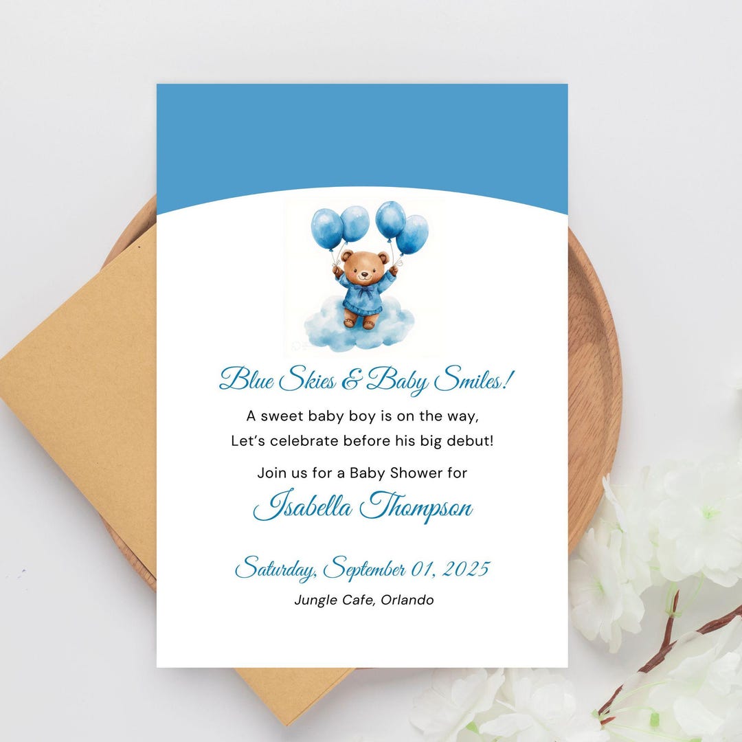 Blue Bear Baby Shower Invitation: Editable Canva Template Digital ...