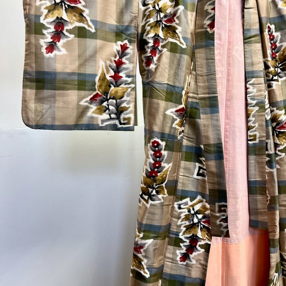 Vintage Japanese MCM Check Floral Pattern Silk Kimono… - Gem
