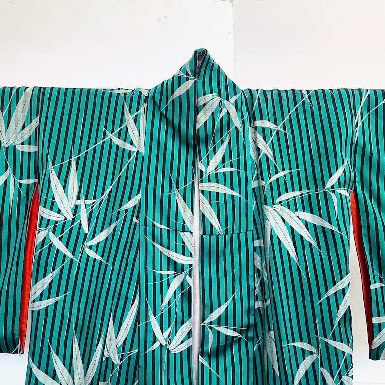 Vintage Japanese 80s Teal Black Stripe Bamboo Pattern Silk Haori Kimono ...