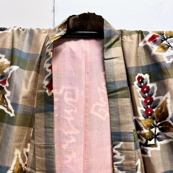 Vintage Japanese MCM Check Floral Pattern Silk Kimono… - Gem