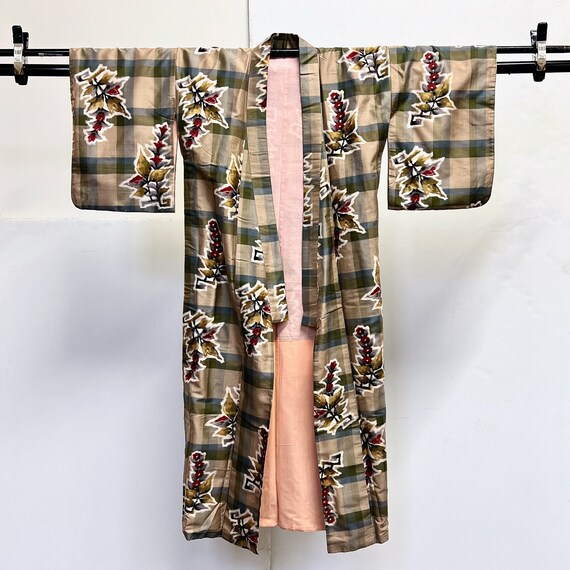 Vintage Japanese MCM Check Floral Pattern Silk Kimono… - Gem