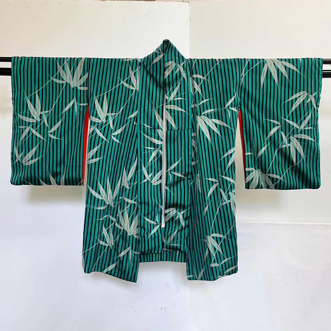 Vintage Japanese 80s Teal Black Stripe Bamboo Pattern Silk Haori Kimono ...