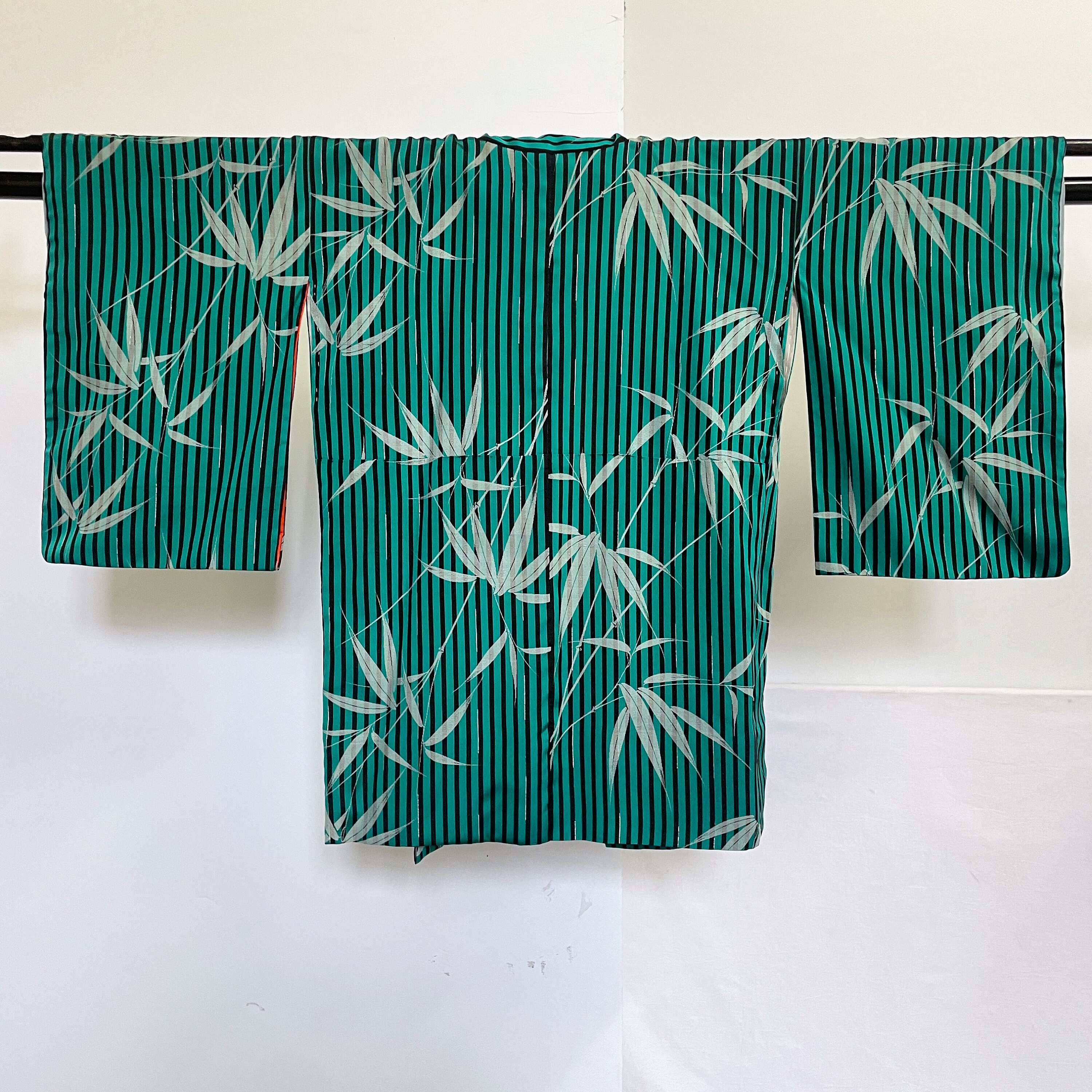 Vintage Japanese 80s Teal Black Stripe Bamboo Pattern Silk Haori Kimono ...