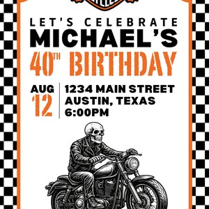 Harley Davidson Biker Birthday Invitation | Orange & Black | Checkered ...