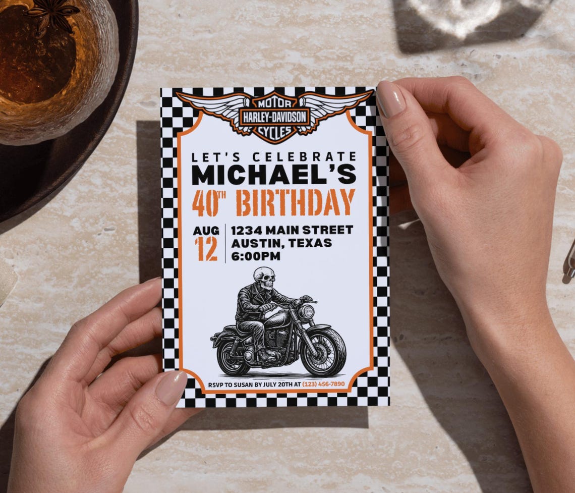 Harley Davidson Biker Birthday Invitation | Orange & Black | Checkered ...