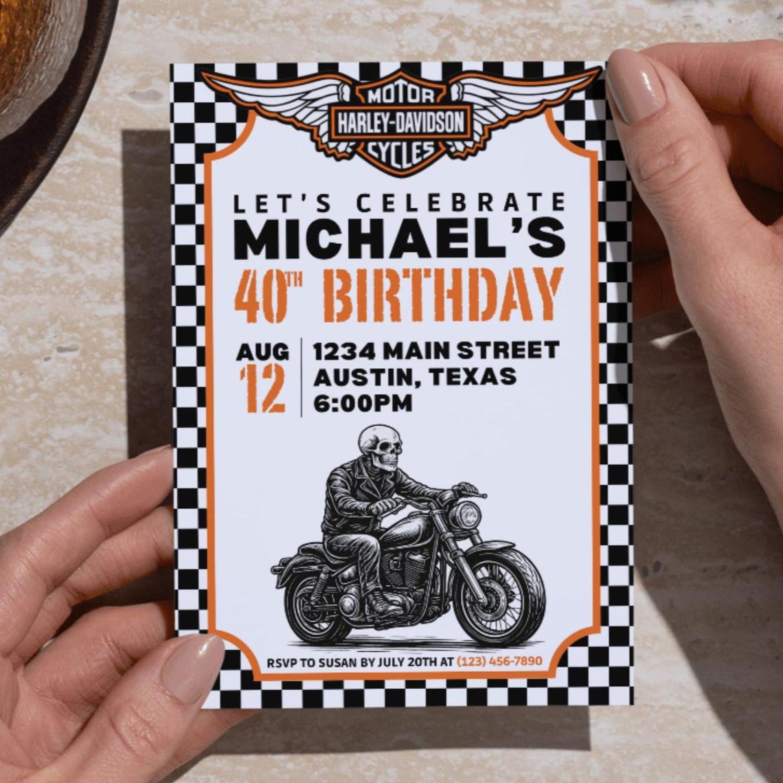 Harley Davidson Biker Birthday Invitation | Orange & Black | Checkered ...