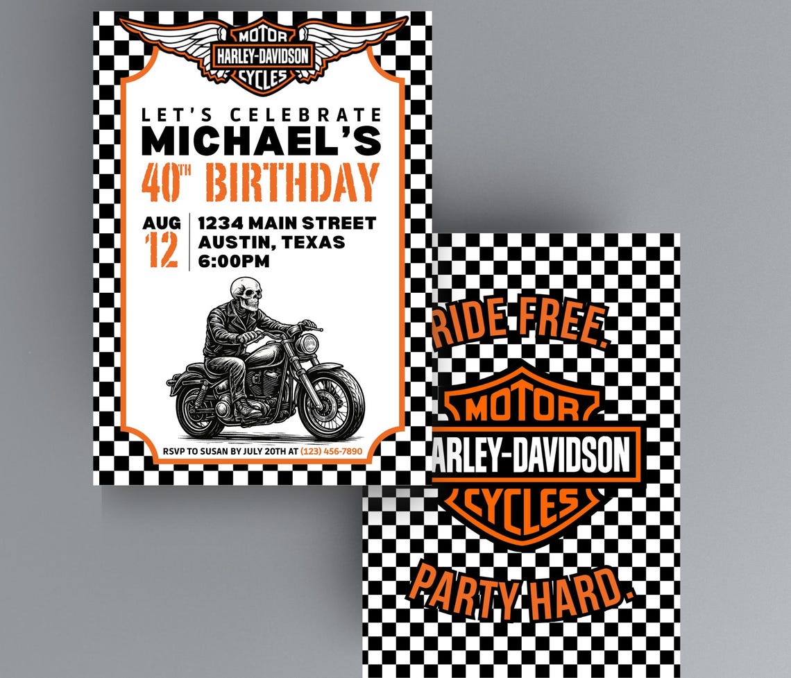 Harley Davidson Biker Birthday Invitation | Orange & Black | Checkered ...
