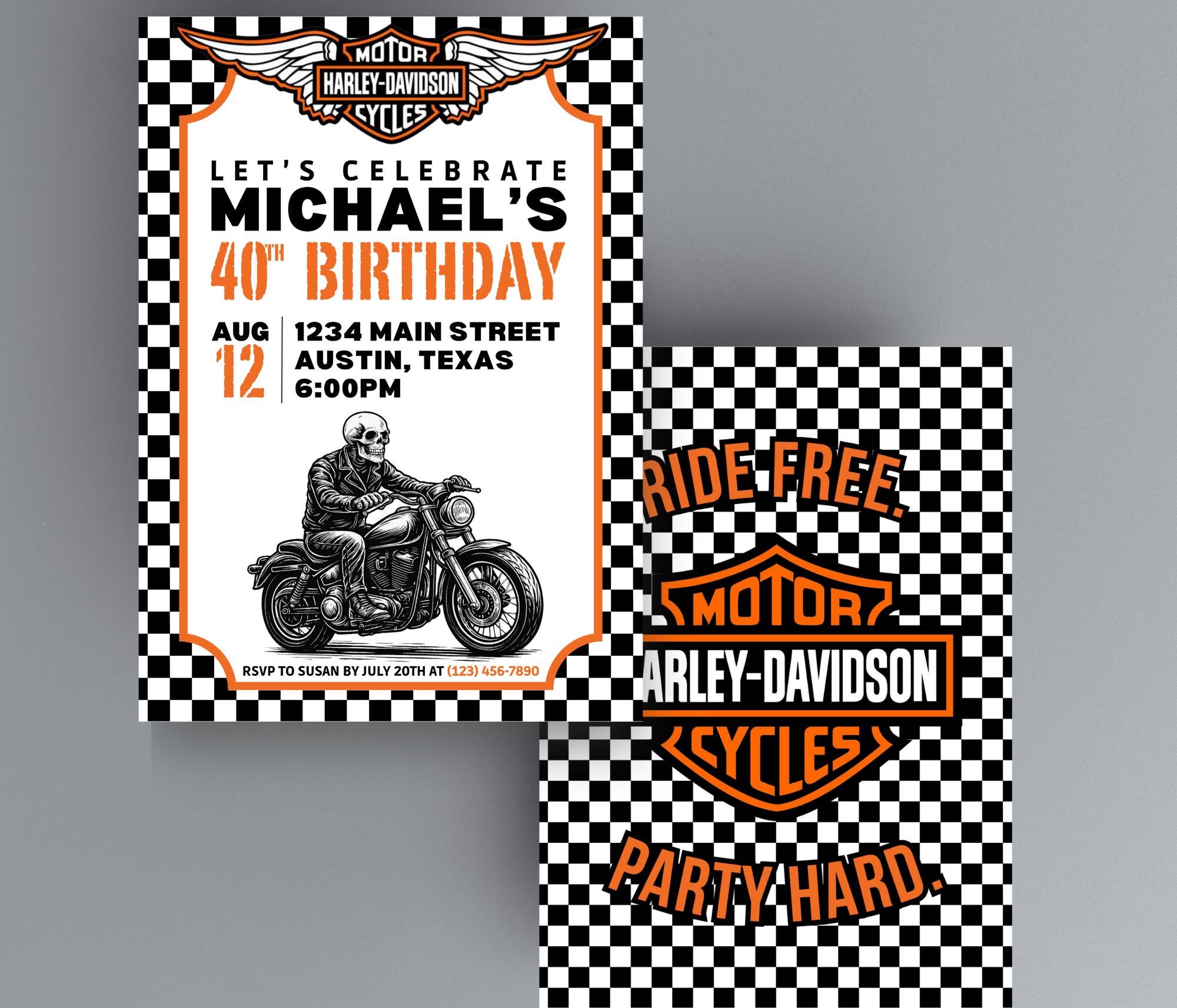 Harley Davidson Biker Birthday Invitation | Orange & Black | Checkered ...