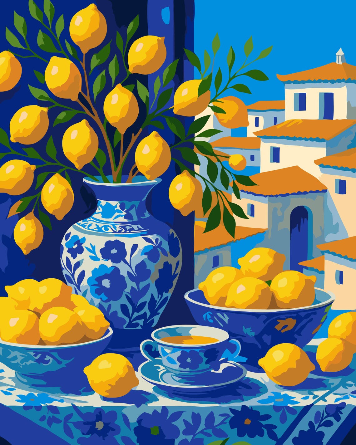 Mediterranean Lemons Paint by Numbers Kit – Blue Chinoiserie Canvas Art ...