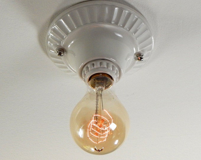 Restored Vintage Flush Mount Porcelain Pull Chain Ceiling Light Fixture ...
