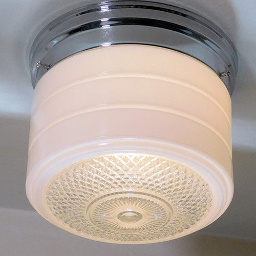 Flush Mount Utility Ceiling Light Fixture Vintage Glass Shade New UL ...