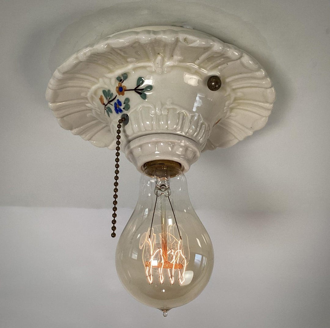 Vintage Flush Mount Porcelain Ceiling Light Fixture With Pull Chain - Etsy