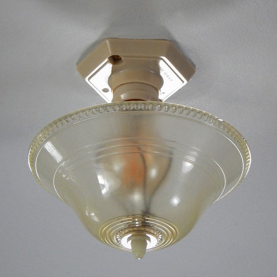 Flush Mount Utility Ceiling Light Fixture Vintage Glass Shade New UL ...