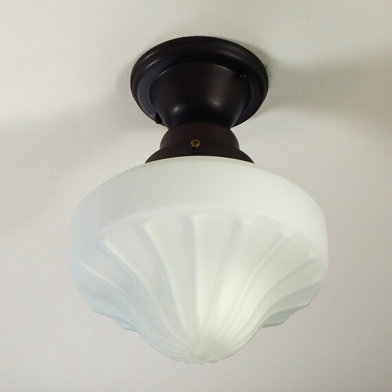 Flush Mount Utility Ceiling Light Fixture Vintage Glass Shade New UL ...