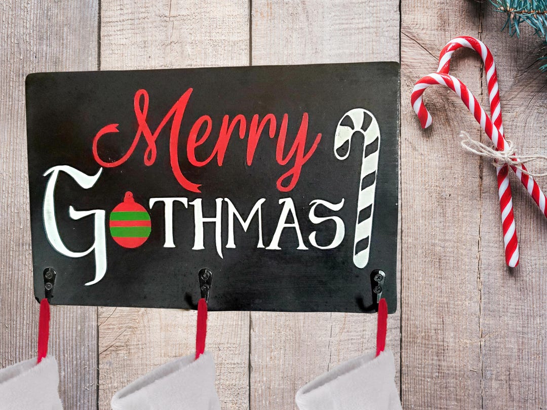 Merry Gothmas Gothic Christmas Stocking Holder, 3 Hook Stocking Holder ...