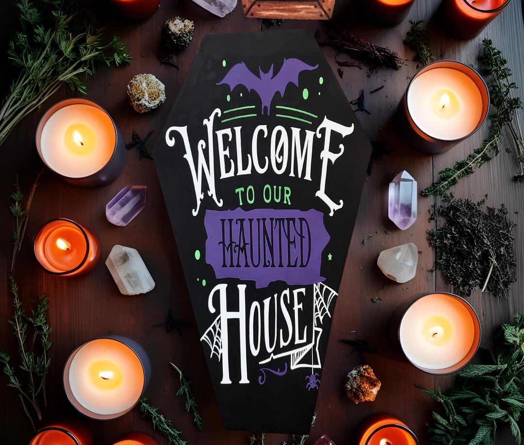 Welcome to Our Haunted House Wood Coffin Wall Art Painting, Coffin ...