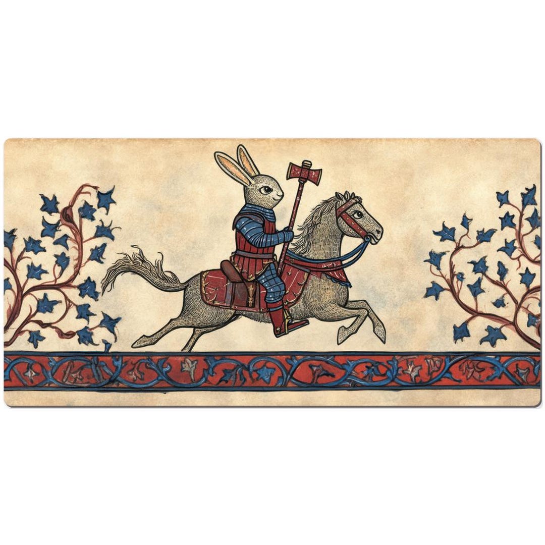 Medieval Marginalia Battle Bunny Desk Mat | Knightly Rabbit Riding a ...