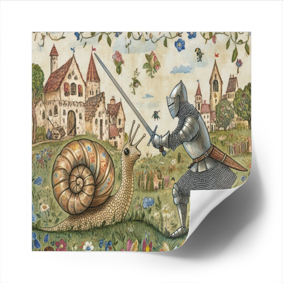 Whimsical Medieval Knight Vs Snail Square Stickers | Funny Historical ...