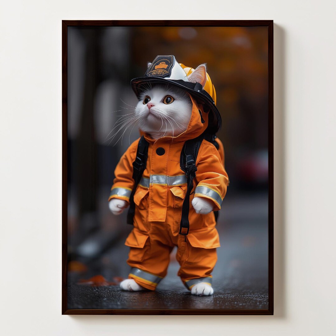 Cat Costume Funny Firefighter Photo Digital Download Wall Art Home ...