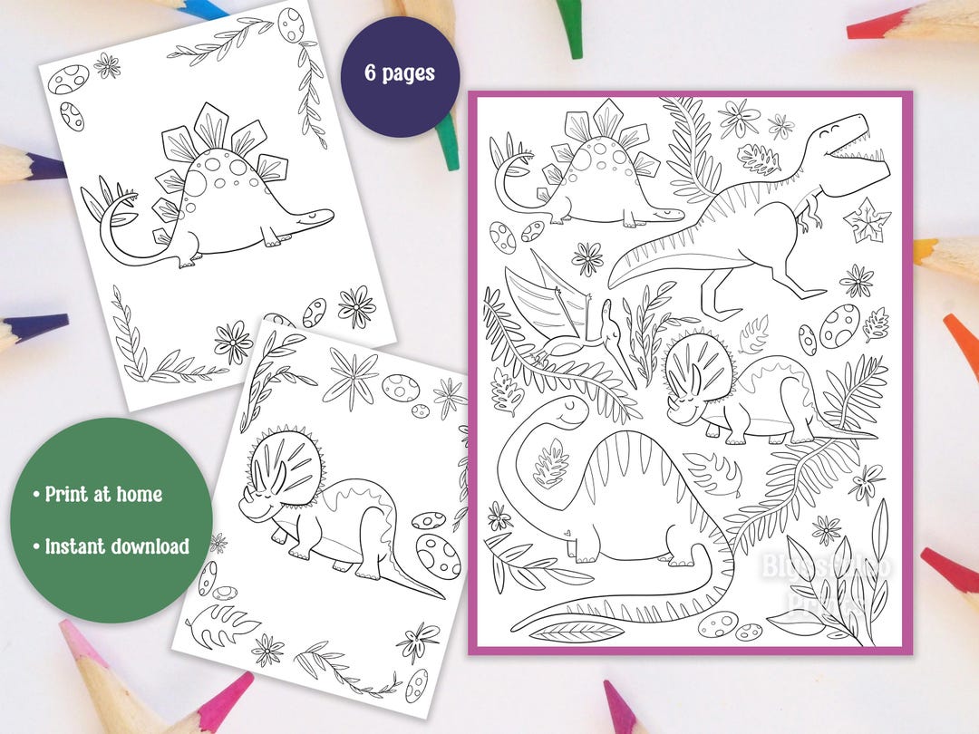 Printable Cute Dinosaur Coloring Pages Original Artwork - Pack of 6 - Etsy