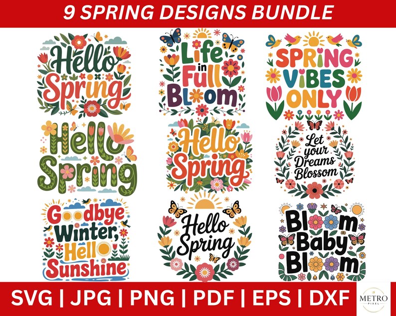 9 Spring SVG Bundle, Hello Spring Designs, Floral Quotes, Cricut Cut ...