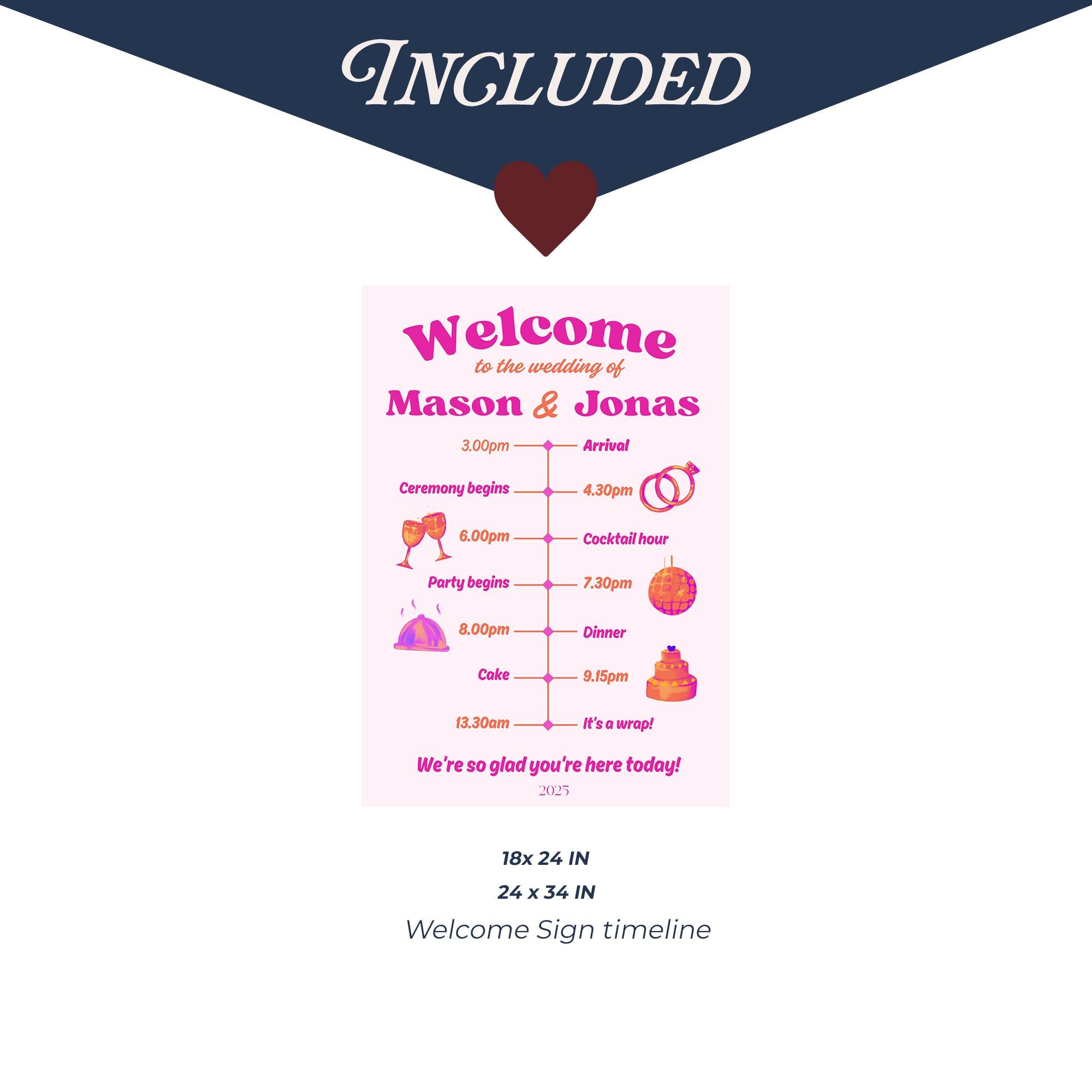 Wedding Timeline Welcome Sign Template, Retro Pink Orange Wedding ...