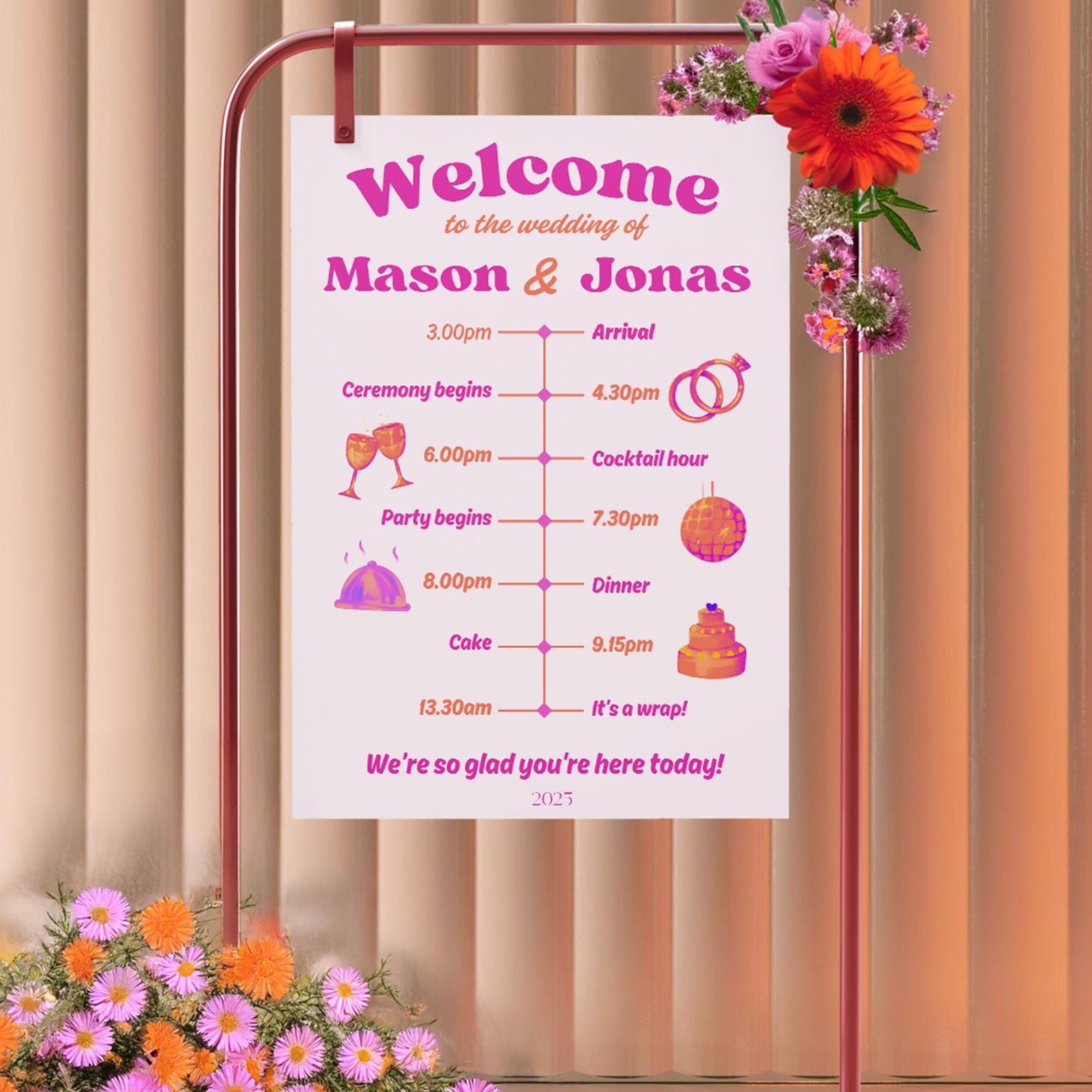 Wedding Timeline Welcome Sign Template, Retro Pink Orange Wedding ...