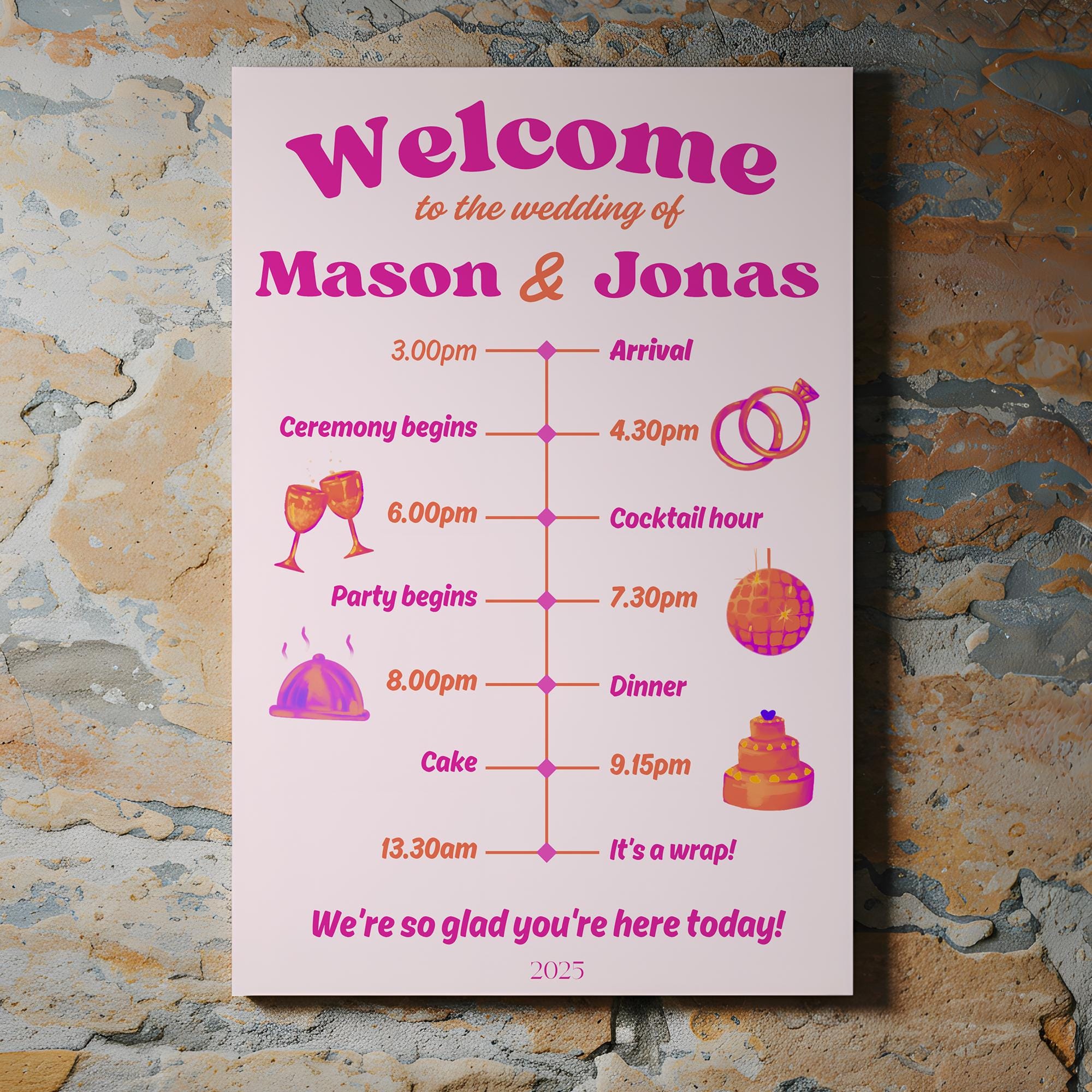 Wedding Timeline Welcome Sign Template, Retro Pink Orange Wedding ...