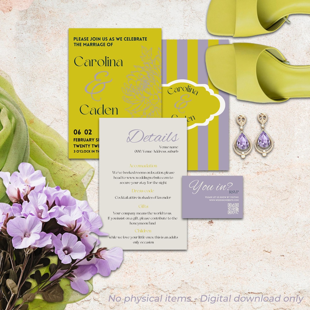 Chartreuse Lavender Wedding Invitation Suite: Modern Vintage Template ...