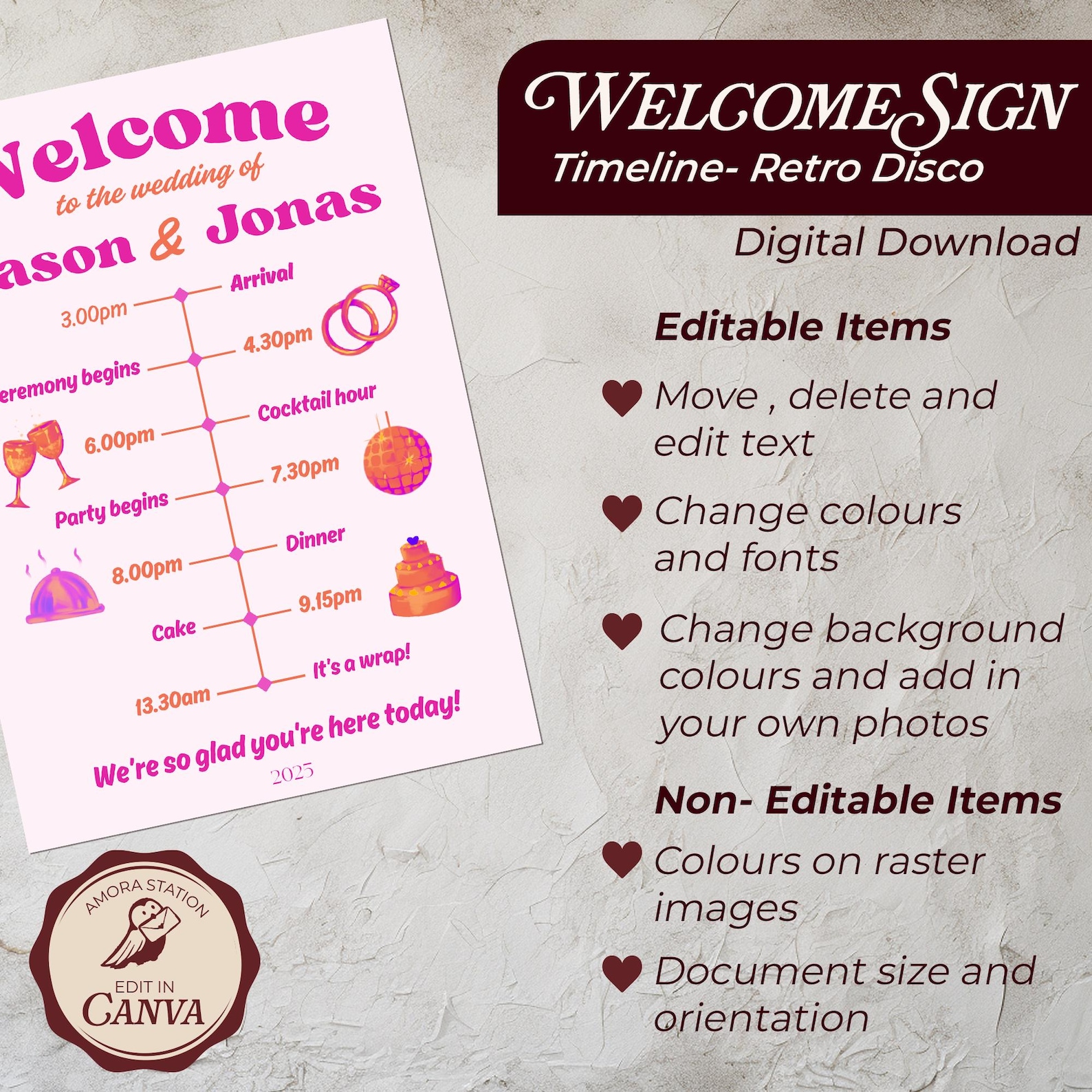 Wedding Timeline Welcome Sign Template, Retro Pink Orange Wedding ...
