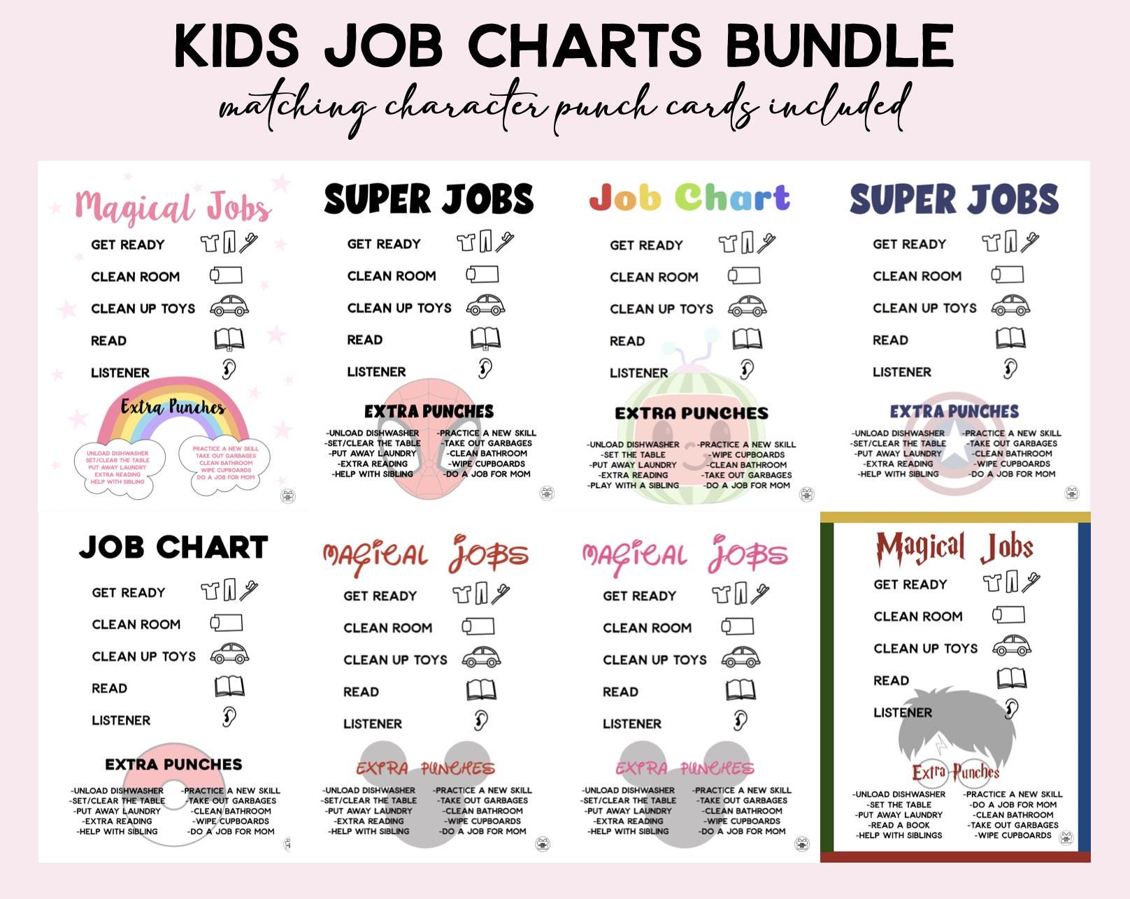 Kids Job Chart & Punch Cards Bundle--rainbow/unicorns, Minnie, Mickey ...