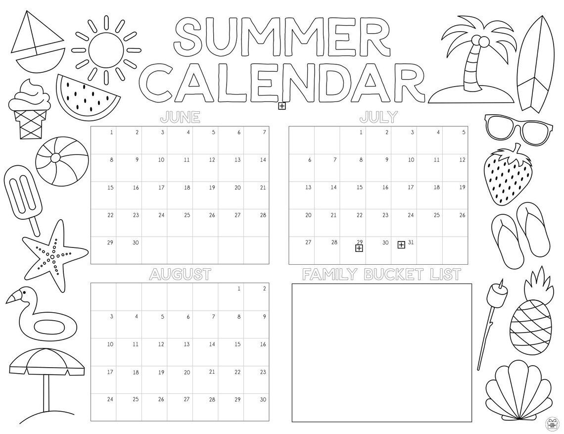 2025 Summer Bucket List Calendar, Kids Summer Coloring Calendar, Summer ...