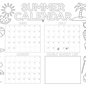 2025 Summer Bucket List Calendar, Kids Summer Coloring Calendar, Summer ...