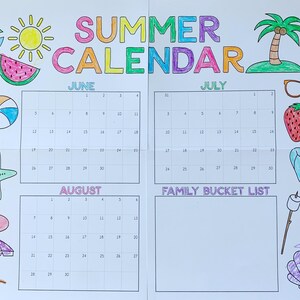2025 Summer Bucket List Calendar, Kids Summer Coloring Calendar, Summer ...
