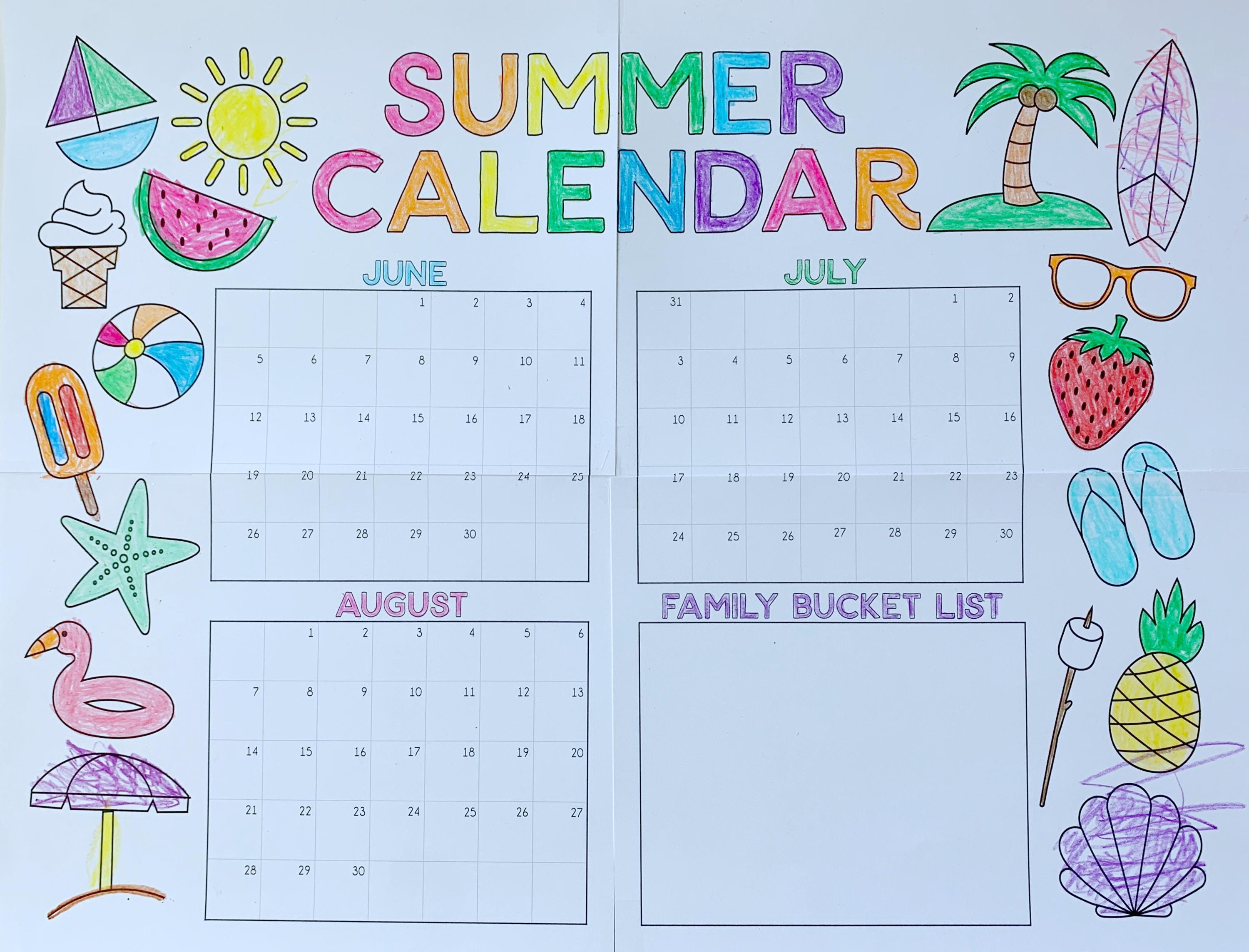 2025 Summer Bucket List Calendar, Kids Summer Coloring Calendar, Summer ...