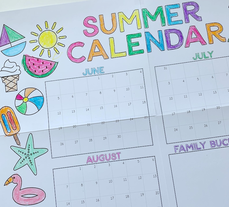 2025 Summer Bucket List Calendar, Kids Summer Coloring Calendar, Summer ...