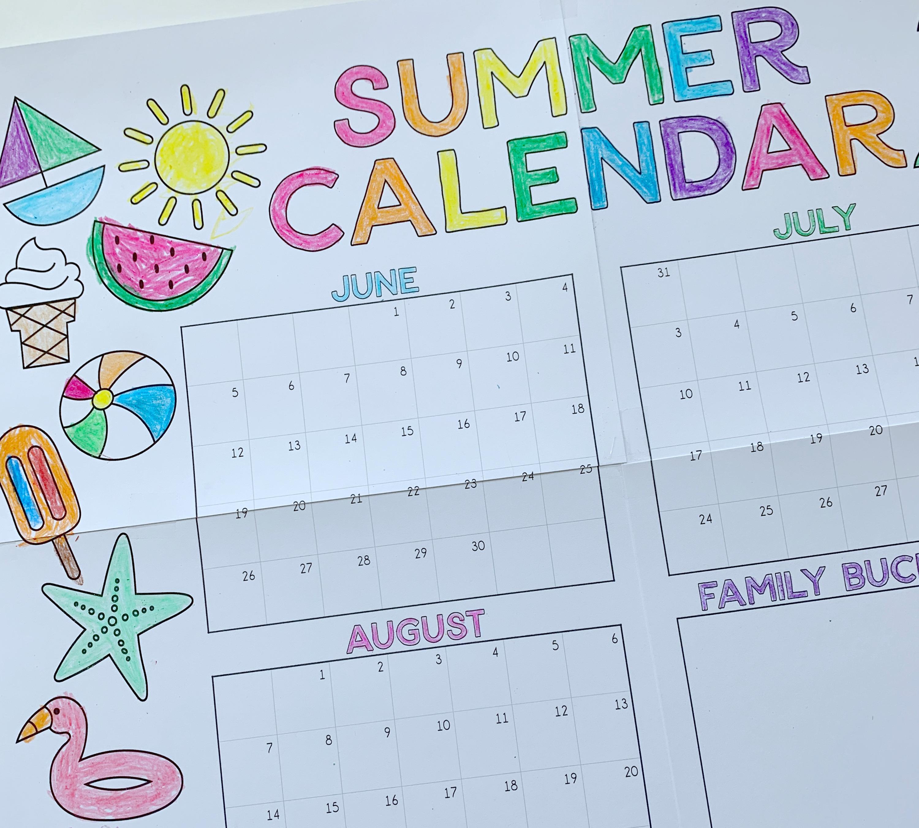 2025 Summer Bucket List Calendar, Kids Summer Coloring Calendar, Summer ...