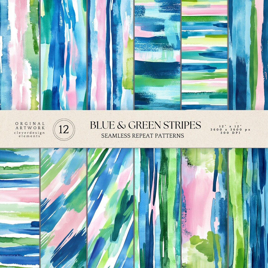 Watercolor Brushstroke Digital Paper Pack - Blue & Green Abstract ...