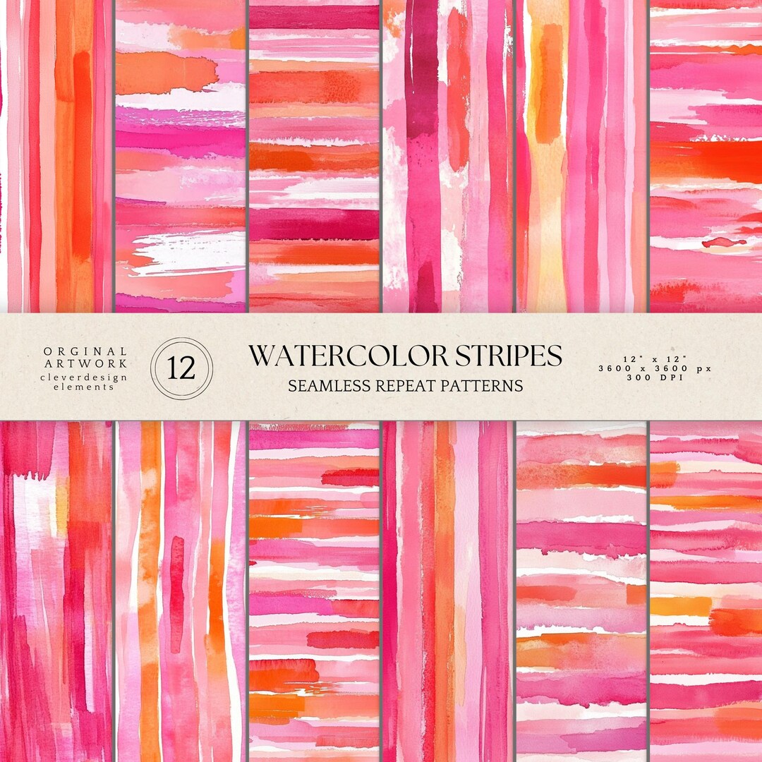 Watercolor Stripes Digital Paper Pack – 12 Watercolor Seamless Patterns ...