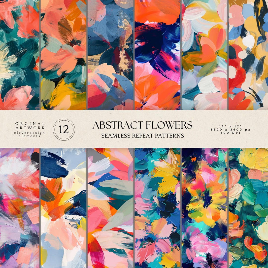 Abstract Floral Digital Paper Pack - Bold Brushstroke Designs, 12 ...