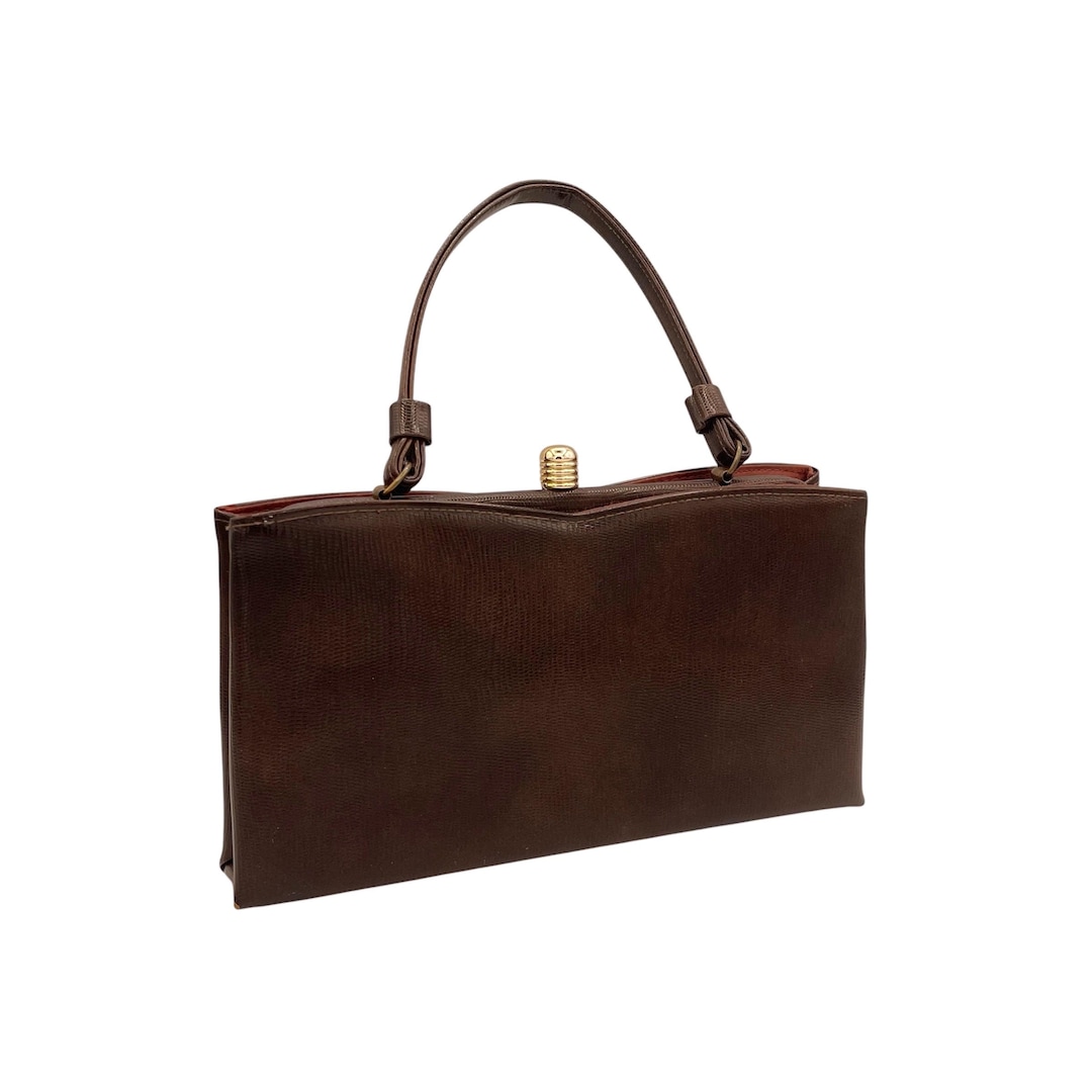 Vintage Brown Leather Top Handle Handbag With Gold Metal Clasp ...