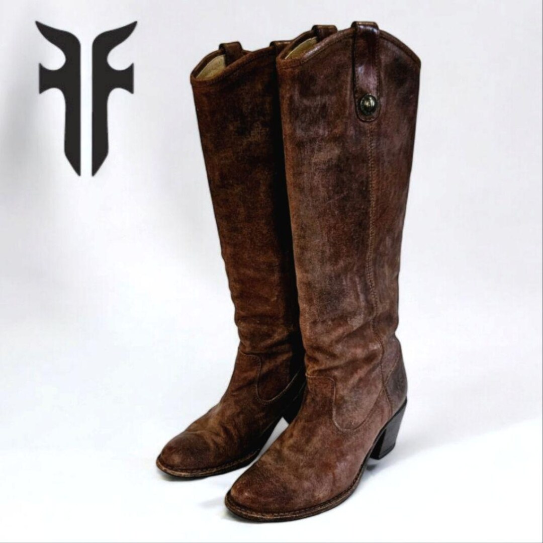 Vintage Frye Jackie Button Tall Stacked Heel Brown Leather Cowboy Boots ...