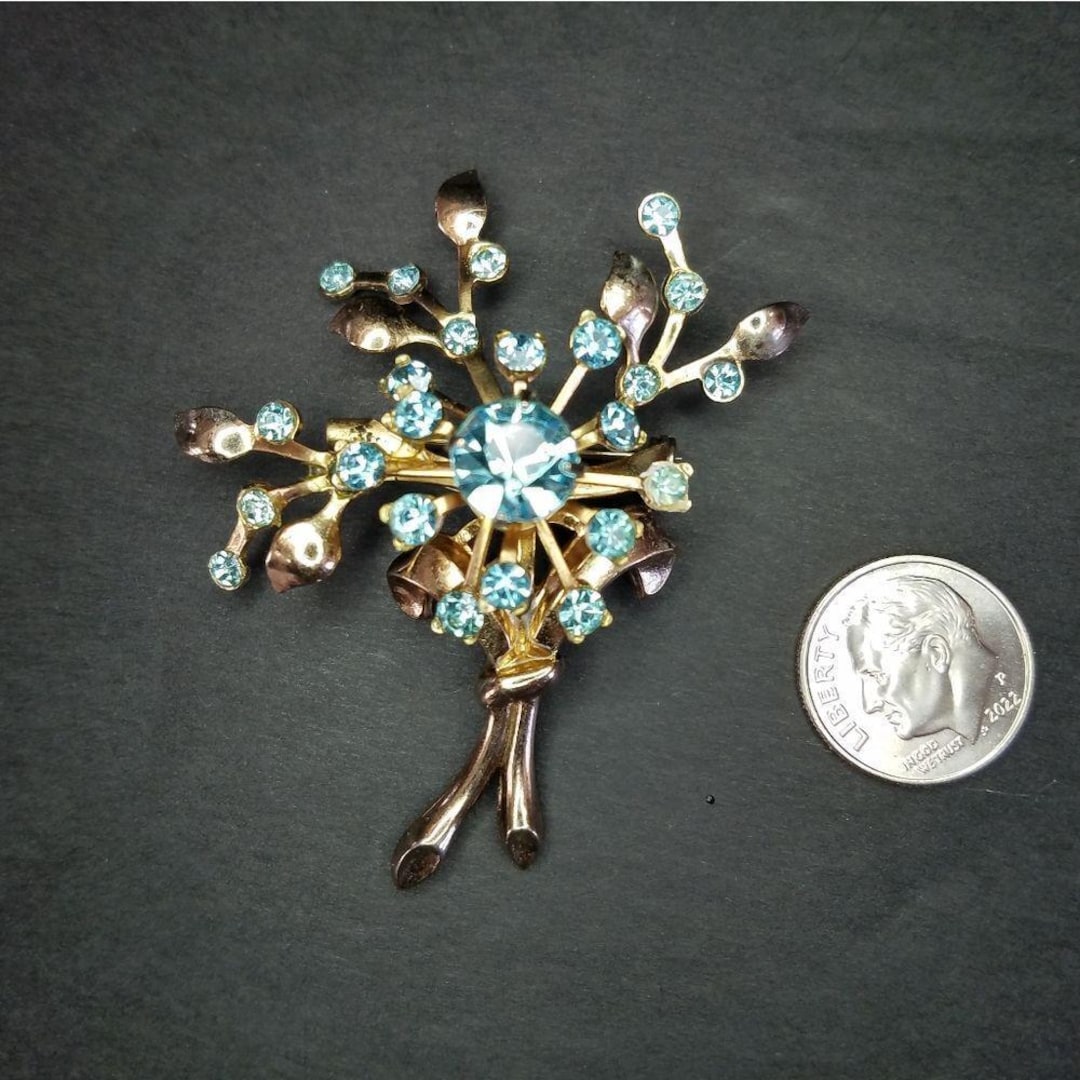 Vintage Signed Coro Pastel Blue Rhinestone Floral Bouquetgold Tone ...