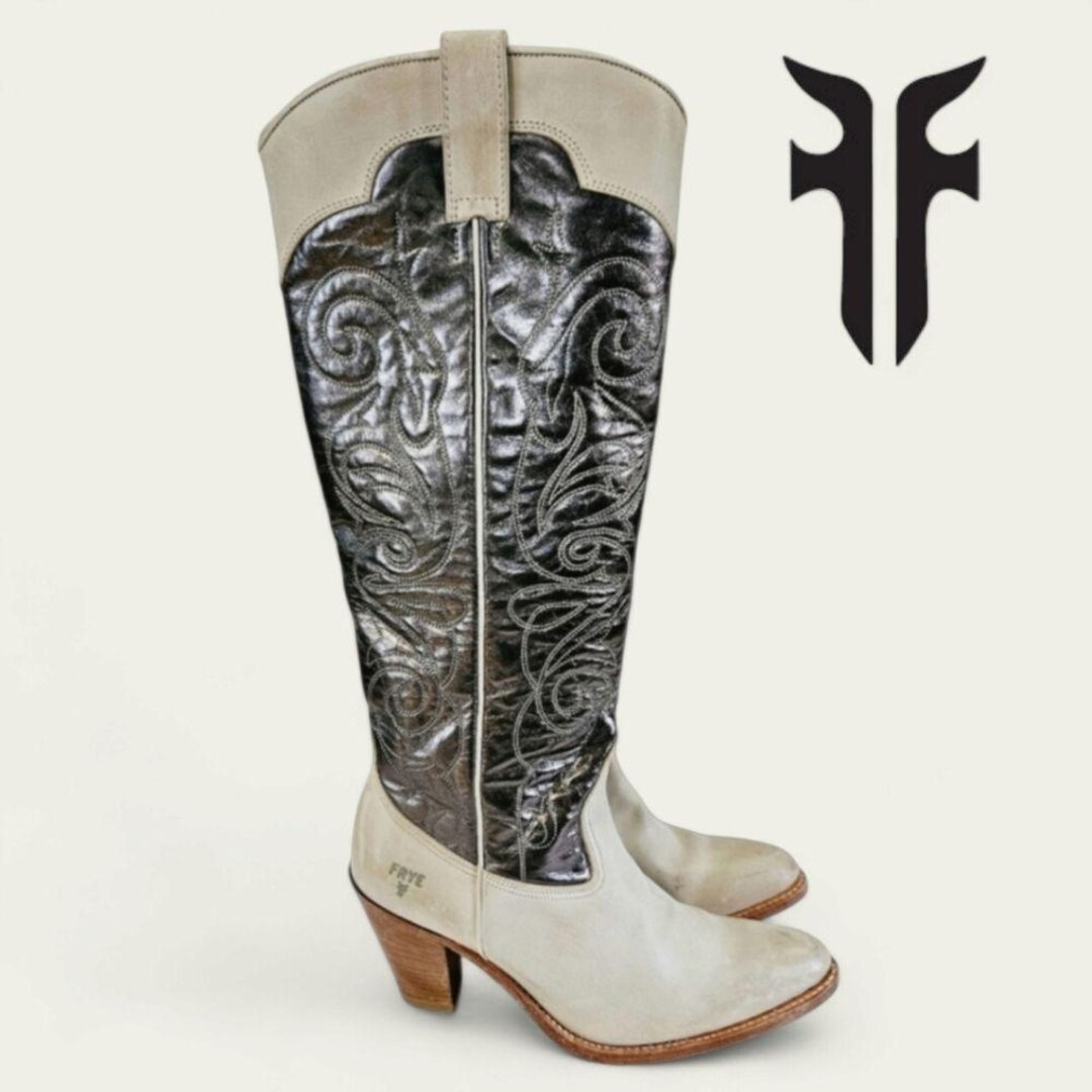 Fryevintage Cowgirl Metallic Mustang Stitch Pull on Stack Heel Western ...