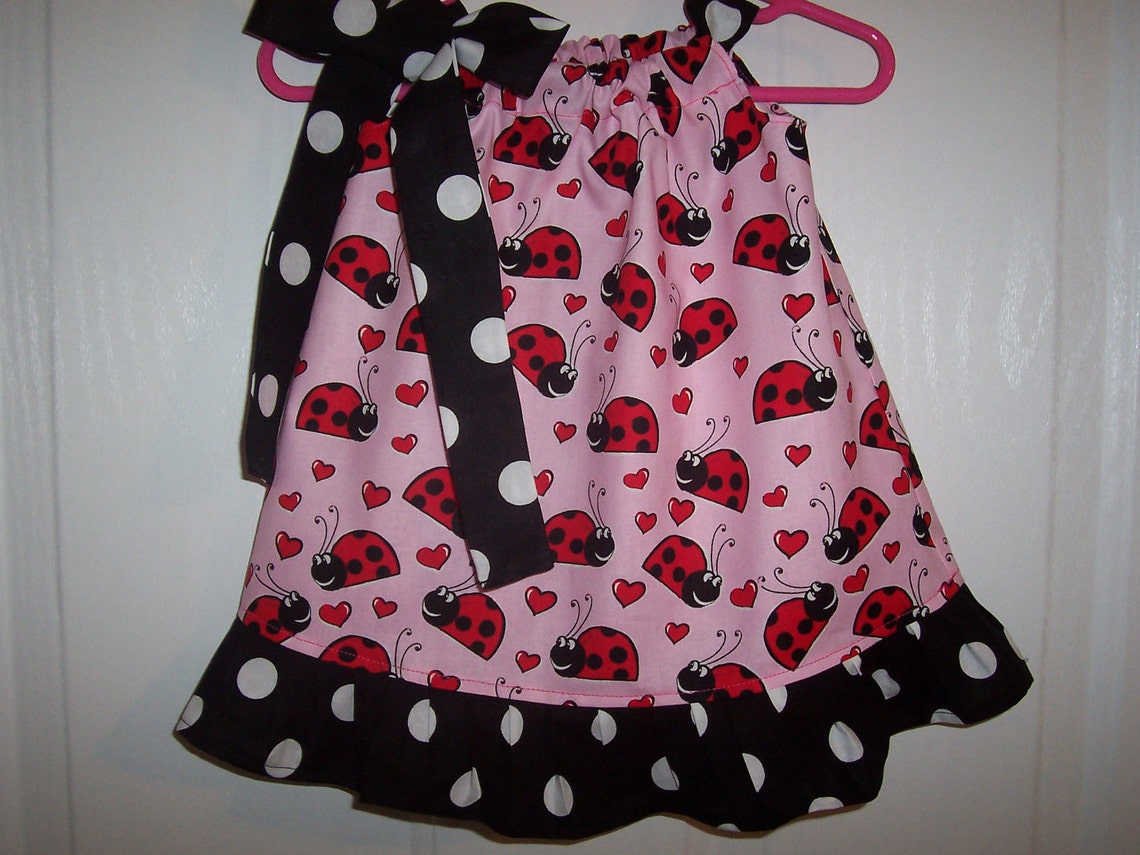 Ladybug Girls Pink Pillowcase Dress With Black With White Dot Tie and ...